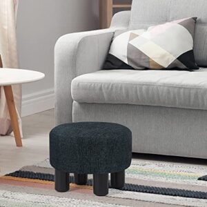 Joveco Foot Stool Small Round Ottoman, Linen Fabric Footrest with Non-Skid Plastic Legs, Pet Step Stool Padded Foot Rest for Couch Desk Chair Office Living Room Dogs (Blue-Black)