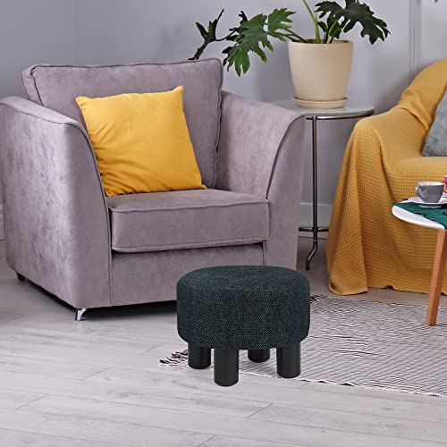 Joveco Foot Stool Small Round Ottoman, Linen Fabric Footrest with Non-Skid Plastic Legs, Pet Step Stool Padded Foot Rest for Couch Desk Chair Office Living Room Dogs (Blue-Black)