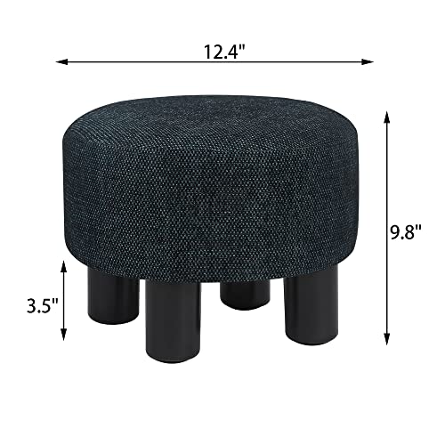 Joveco Foot Stool Small Round Ottoman, Linen Fabric Footrest with Non-Skid Plastic Legs, Pet Step Stool Padded Foot Rest for Couch Desk Chair Office Living Room Dogs (Blue-Black)