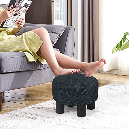 Joveco Foot Stool Small Round Ottoman, Linen Fabric Footrest with Non-Skid Plastic Legs, Pet Step Stool Padded Foot Rest for Couch Desk Chair Office Living Room Dogs (Blue-Black)