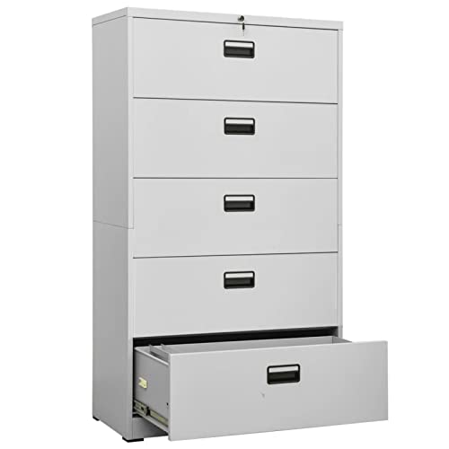 Festnight 5 Drawers Filing Cabinet Rolling Filing Cabinet Mobile File Cabinet with Lock for Home, Office Light Gray 35.4"x18.1"x64.6" Steel