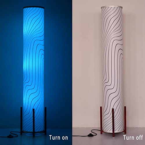 LEONC Design Wello Column 61inch Floor Lamp, Standing Lamp Included 3 Color Changing RGB LED Bulb with Remote, White Linen Shade and Asian Bamboo Base for Living Room Bedroom (61inch-Black Stripe)