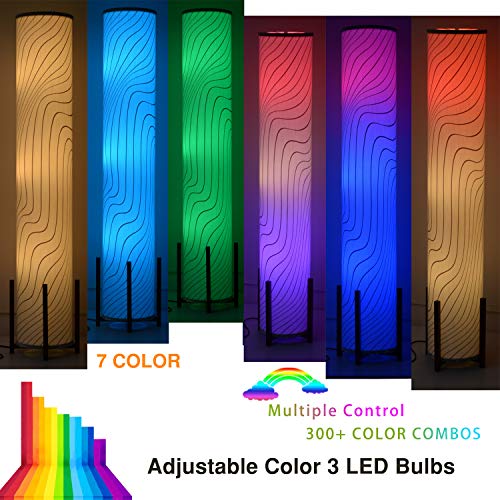 LEONC Design Wello Column 61inch Floor Lamp, Standing Lamp Included 3 Color Changing RGB LED Bulb with Remote, White Linen Shade and Asian Bamboo Base for Living Room Bedroom (61inch-Black Stripe)