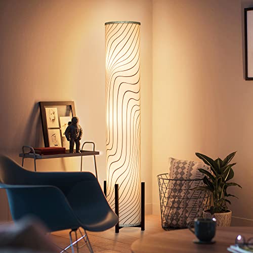 LEONC Design Wello Column 61inch Floor Lamp, Standing Lamp Included 3 Color Changing RGB LED Bulb with Remote, White Linen Shade and Asian Bamboo Base for Living Room Bedroom (61inch-Black Stripe)