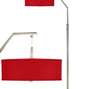 Possini Euro Design Modern Downbridge Arc Floor Lamp 71 1/2" Tall Brushed Nickel Silver Metal Red Textured Faux Silk Drum Shade Decor for Living Room Reading House Bedroom Home Office House