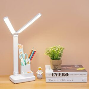 led double head desk lamp, small desk lamp for home office, white desk light for kids, desk lamps with 3 lighting modes, pen holder, 60 inch long cable,table lamp for reading, studying, dormitory