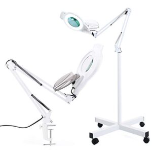 kirkas 5x magniyfing floor lamp with 4 wheel rolling base 2,200 lumens super bright glass lens led magnifier, adjustable stand & swivel arm floor lamp for estheticians, reading, crafts, tasks- white