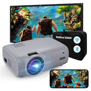 projector with wifi and bluetooth, native 1080p projector 8500l hd mini phone projector with 100” projector screen,video projector home theater for outdoor movie compatible with phone