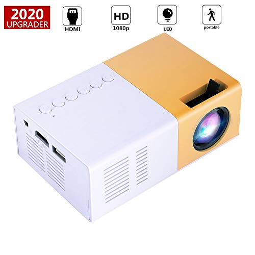 ASHATA Portable LED Projector,Home Cinema Projector Support 1080P HD Displaying,Mini Stylish HD Projector Support HDMI, AV, VGA, USB, Micro SD Input and 3.5mm Earphone Port(White + Yellow)