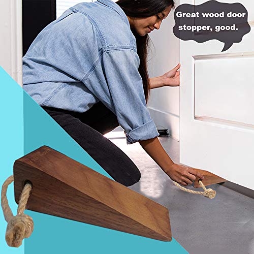 Wooden Door Stopper with Hemp Rope, Soild Walnut Wood Door Stopper, Security Non-Slip Door Stops Wedges with Sturdy and Durable (1PCS)