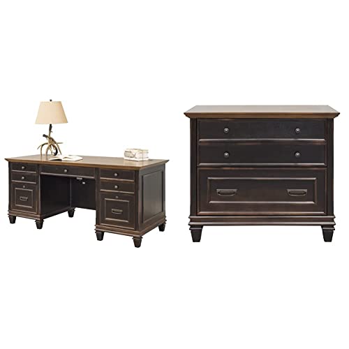 Martin Furniture Hartford Double Pedestal Shaped Desk, Brown - Fully Assembled & Hartford Lateral File Cabinet, Brown - Fully Assembled