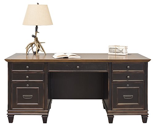 Martin Furniture Hartford Double Pedestal Shaped Desk, Brown - Fully Assembled & Hartford Lateral File Cabinet, Brown - Fully Assembled