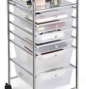 FUTADA 6 Drawers Rolling Storage Cart, Mobile Utility Cart , Sundries Storage Cart w/ Lockable Casters for School, Office, Home, Barber Shop, Beauty Salon, Multipurpose Storage Organizer Cart (Clear)