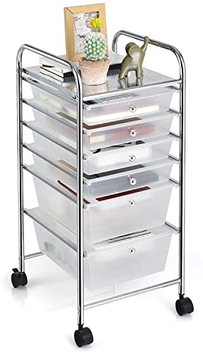 FUTADA 6 Drawers Rolling Storage Cart, Mobile Utility Cart , Sundries Storage Cart w/ Lockable Casters for School, Office, Home, Barber Shop, Beauty Salon, Multipurpose Storage Organizer Cart (Clear)