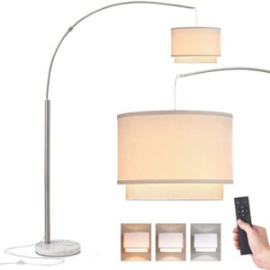 arc floor lamps for living room with remote – tall dimmable arch floor lamp with unique hanging double drum shade & marble base, modern corner light for bedroom dining room reading (led bulb included)