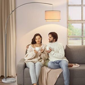 Arc Floor Lamps for Living Room with Remote - Tall Dimmable Arch Floor Lamp with Unique Hanging Double Drum Shade & Marble Base, Modern Corner Light for Bedroom Dining Room Reading (LED Bulb Included)