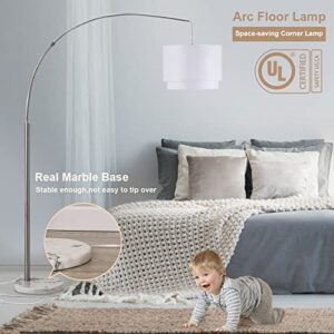 Arc Floor Lamps for Living Room with Remote - Tall Dimmable Arch Floor Lamp with Unique Hanging Double Drum Shade & Marble Base, Modern Corner Light for Bedroom Dining Room Reading (LED Bulb Included)