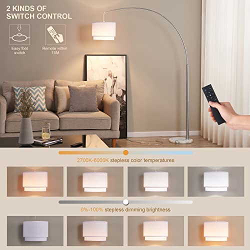 Arc Floor Lamps for Living Room with Remote - Tall Dimmable Arch Floor Lamp with Unique Hanging Double Drum Shade & Marble Base, Modern Corner Light for Bedroom Dining Room Reading (LED Bulb Included)