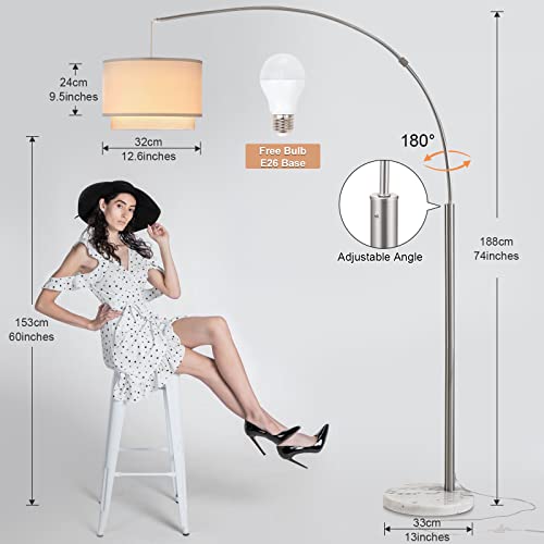 Arc Floor Lamps for Living Room with Remote - Tall Dimmable Arch Floor Lamp with Unique Hanging Double Drum Shade & Marble Base, Modern Corner Light for Bedroom Dining Room Reading (LED Bulb Included)