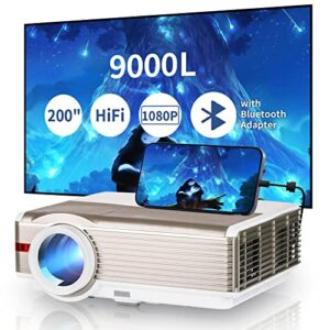 9000lm high brightness home theater projector, 200″ indoor outdoor movie projector with speaker/zoom, full hd 1080p video gaming projector with hdmi usb for ios android smart phone laptop tv stick dvd