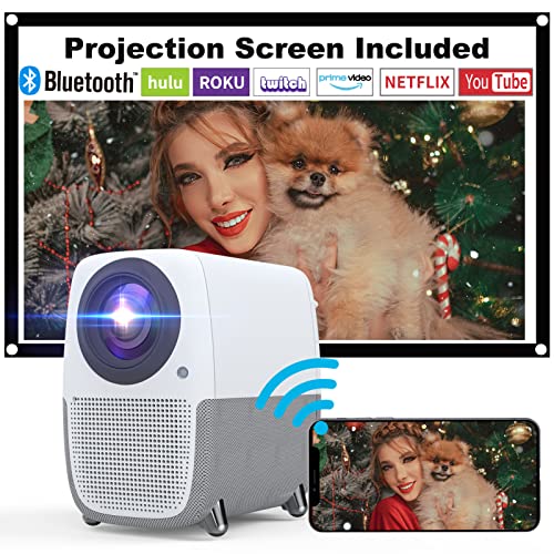 Portable Bluetooth WiFi Projector 4K-Supported - Video Projector with 100” Projection Screen, 8000L, Electric Focus, Full HD 1080P, Home Theater for iOS/Android Phone, Laptop/PC/PS4, Outdoor Movie