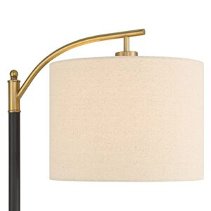 360 Lighting Rayna Mid Century Modern Downbridge Floor Lamp 61 1/2" Tall Black Warm Gold Metal Off-White Linen Drum Shade for Living Room Reading Bedroom Bedside Office Family House Home