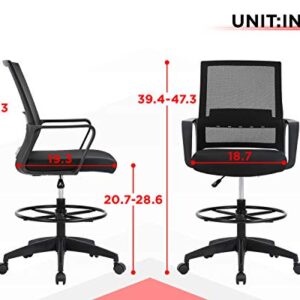 Drafting Chair Tall Office Chair Mesh Ergonomic Mid-Back Desk Chair with Adjustable Foot Ring for Executive Computer Standing Desk, Black