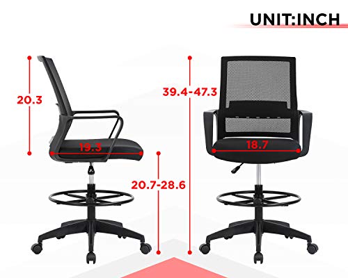 Drafting Chair Tall Office Chair Mesh Ergonomic Mid-Back Desk Chair with Adjustable Foot Ring for Executive Computer Standing Desk, Black