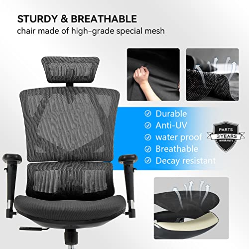 SIHOO Ergonomic Office Chair - High Back Desk Chair with Lumbar Support, 3D Armrest and Adjustable Height Backrest Thick Seat Cushion Breathable Mesh Computer Chair (Black)