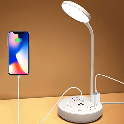 Bovmics LED Desk Lamp with 2 USB Charging Port and 3 AC Outlet, 3 Color Temperatures,Adjustable Neck, On/Off Switch,Eye-Caring Home Office Foldable Table Lamp (White)