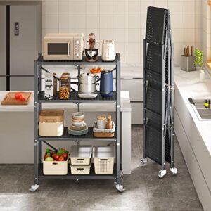 4-tier rolling cart, herjoy folding collapsible utility cart, storage shelves trolley service cart with rotational wheels for kitchen, bathroom, living room and office, grey