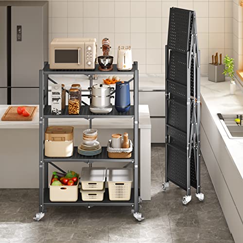 4-Tier Rolling Cart, HERJOY Folding Collapsible Utility Cart, Storage Shelves Trolley Service Cart with Rotational Wheels for Kitchen, Bathroom, Living Room and Office, Grey