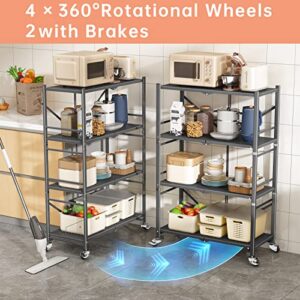 4-Tier Rolling Cart, HERJOY Folding Collapsible Utility Cart, Storage Shelves Trolley Service Cart with Rotational Wheels for Kitchen, Bathroom, Living Room and Office, Grey