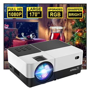 video projector, armax movie projector with full hd 1080p & 170” display supported,protable projector for outdoor & indoor with 40000 hrs led lamp life,compatible with tv stick,hdmi,vga,usb