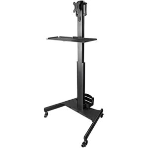 startech.com mobile workstation cart with monitor mount, cpu/pc holder, keyboard tray – ergonomic height adjustable desktop cart – rolling mobile standing workstation on wheels (wkstncart)