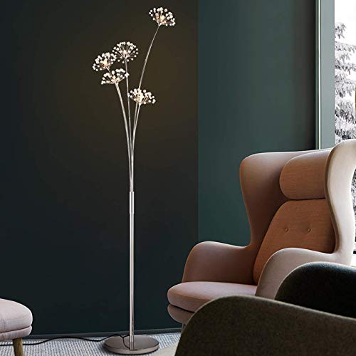 DYRABREST 5 Heads Crystal Dandelion LED Floor Lamp,Elegant Modern Creative Crystal Standing Lamp with 317 Foot Switch for Living Room,Bedroom,Office,35x3W LED Bulb (Included),Sliver