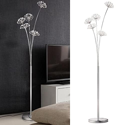 DYRABREST 5 Heads Crystal Dandelion LED Floor Lamp,Elegant Modern Creative Crystal Standing Lamp with 317 Foot Switch for Living Room,Bedroom,Office,35x3W LED Bulb (Included),Sliver