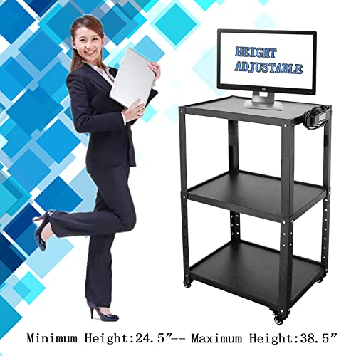 Steel AV Cart, 24-38" Height Adjustable AV Presentation Cart for Video Projector, TV, Laptop Computers, Printers, Metal Construction Rolling Storage Cart, Suitable for Office and School(41Inch)