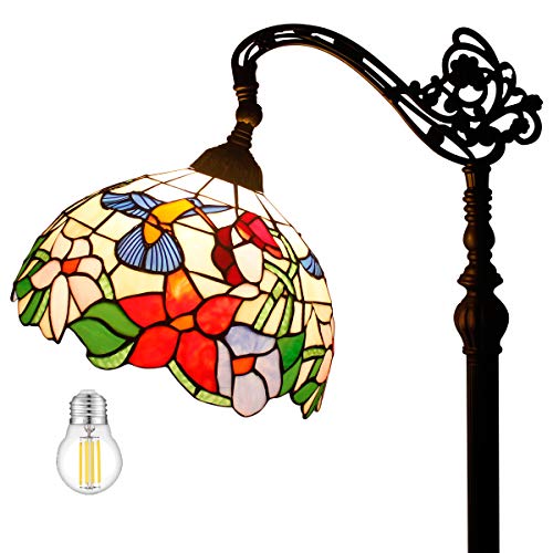 WERFACTORY Tiffany Floor Lamp Hummingbird Amber Stained Glass Arched Lamp 12X18X64 Inches Gooseneck Adjustable Corner Standing Reading Light Decor Bedroom Living Room S101 Series