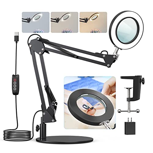 3X LED Magnifying Lamp, Beigaon 2 in 1 Magnifier with Light and Clamp, Adjustable Swing Arm, 3 Color Modes, Dimmable, Desk Lamp Magnifying Glass with Light and Stand for Close Work, Crafts, Reading