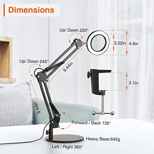 3X LED Magnifying Lamp, Beigaon 2 in 1 Magnifier with Light and Clamp, Adjustable Swing Arm, 3 Color Modes, Dimmable, Desk Lamp Magnifying Glass with Light and Stand for Close Work, Crafts, Reading