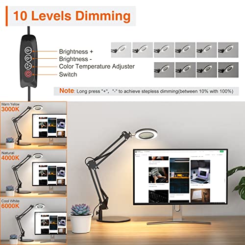 3X LED Magnifying Lamp, Beigaon 2 in 1 Magnifier with Light and Clamp, Adjustable Swing Arm, 3 Color Modes, Dimmable, Desk Lamp Magnifying Glass with Light and Stand for Close Work, Crafts, Reading