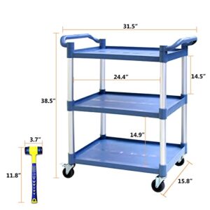 MAYNIYJK Utility Carts with Wheels, 3-Tire Restaurant Cart, Heavy Duty Rolling Cart Food Service Cart 420lbs, Plastic Bus Cart with Lockable Wheels and Rubber Hammer for Warehouse/Office/Kitchen, Grey