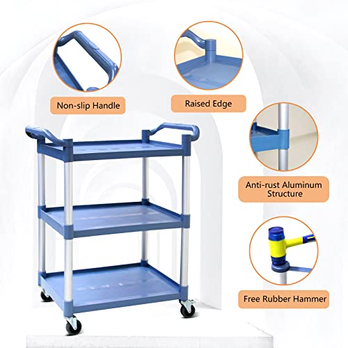 MAYNIYJK Utility Carts with Wheels, 3-Tire Restaurant Cart, Heavy Duty Rolling Cart Food Service Cart 420lbs, Plastic Bus Cart with Lockable Wheels and Rubber Hammer for Warehouse/Office/Kitchen, Grey