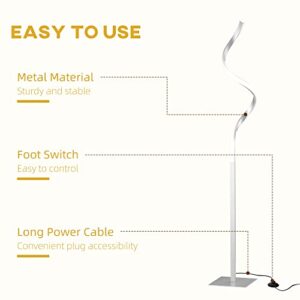 HOMCOM Modern Spiral Floor Lamp, LED Standing Lamp Warm White with Square Base and Foot Switch for Living Room, Bedroom, Silver