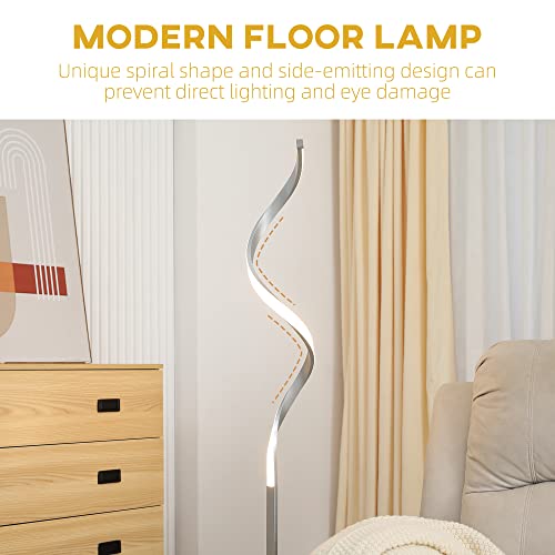 HOMCOM Modern Spiral Floor Lamp, LED Standing Lamp Warm White with Square Base and Foot Switch for Living Room, Bedroom, Silver