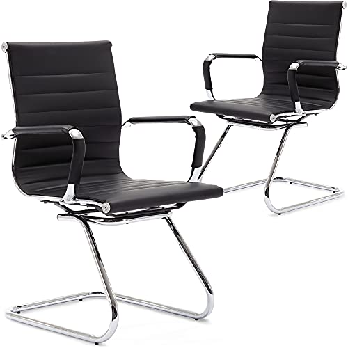 Wahson Office Guest Chairs, 2 Pack Reception Chairs for Waiting Room/Conference Room, with Faux Leather and Sled Base, Set of 2, Black