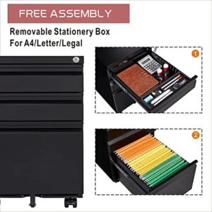 GREATMEET Filling Cabinet with 3 Drawers, Office Mobile Filing Cabinet with Wheels and Lock for Legal/Letter Size,Small File Cabinet for Under Deskt,Fully Assembled (Black)