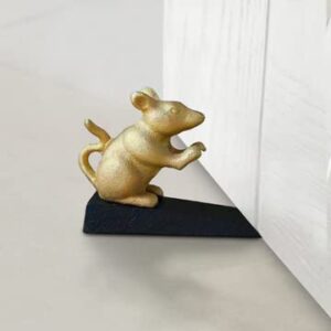 Heavy Mouse Door Stopper | Gold & Black Decorative Cast Iron Jam or Prop for Inside or Outdoor by WallCharmers