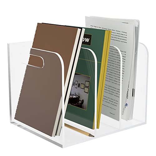 Dingelex Acrylic Magazine File Holder with Handle, Clear 3 Compartment Rack Holds Folders,Magazines,Notebooks,Binders,Envelopes and Electronic Devices, 8.5"x7.2''x6.5''